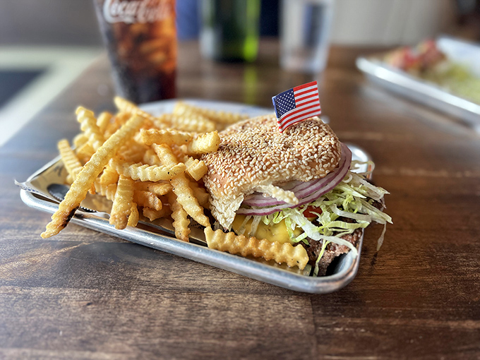 The quintessential American love story: burger meets fries on a metal tray. That perfectly toasted bread is giving me feelings I usually reserve for sunsets.