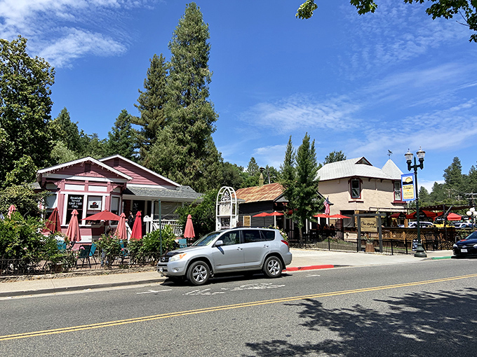 Colorful storefronts welcome visitors with the promise of good food and better conversation, embodying the laid-back hospitality that defines foothill living.