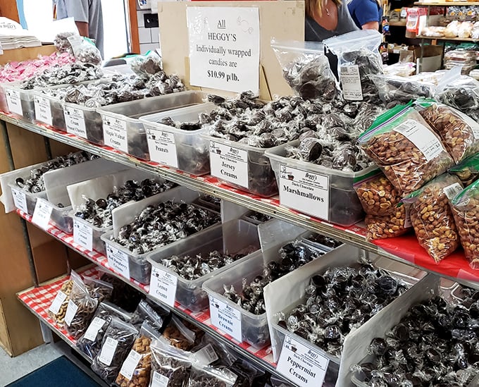 Chocolate heaven organized in plastic bins. These aren't just candies&mdash;they're little wrapped promises of momentary bliss.