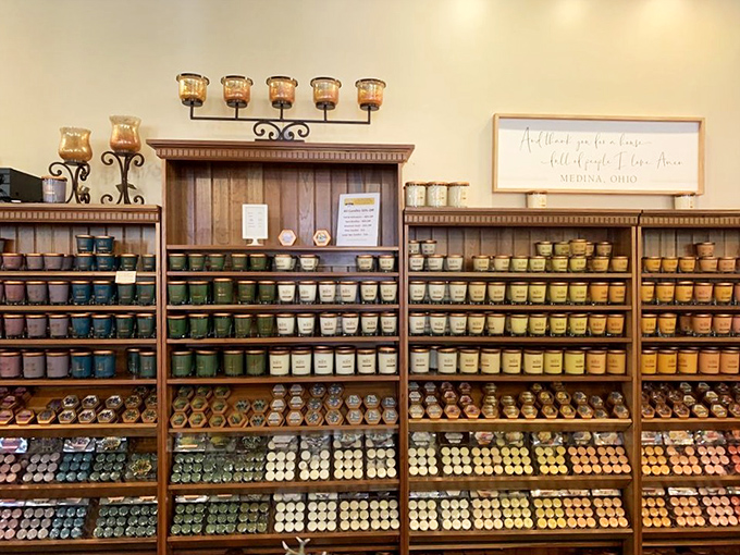 The wall of scents presents like a fragrance apothecary. Each jar contains a different mood, memory, or moment waiting to be released.