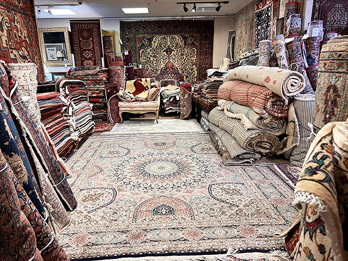 The carpet room feels like Ali Baba's cave reimagined for Virginia. These aren't just floor coverings&mdash;they're woven time machines from distant lands.