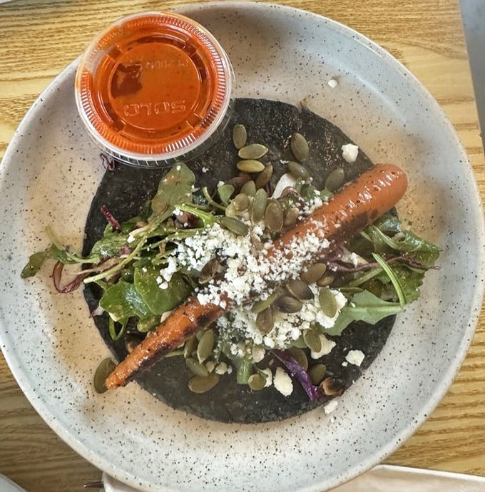 That's not just any carrot taco&mdash;it's a vegetable that found its life purpose. The blue corn tortilla is the stage, the carrot is the star.