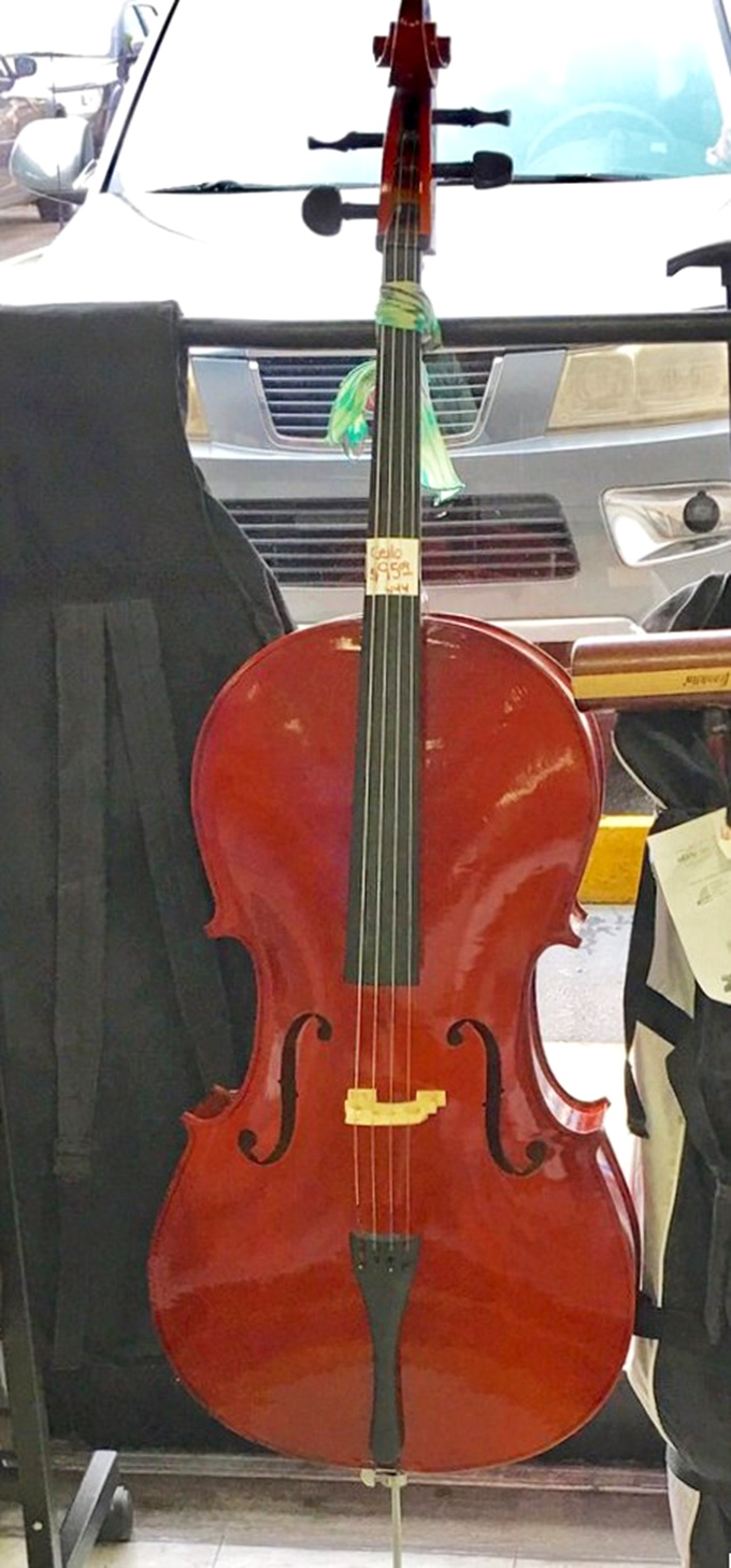 A cello waiting for its second act! Someone's orchestra dreams could come true today without the usual four-figure investment.