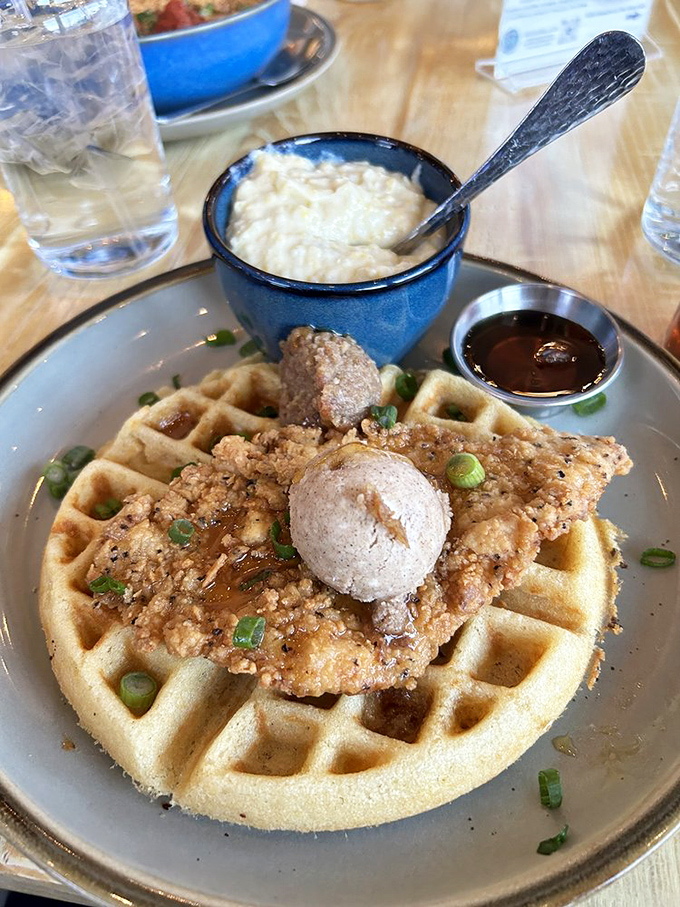 Chicken and waffles: the breakfast-dinner hybrid that proves some of the best relationships are unexpected ones. That honey butter is the matchmaker.