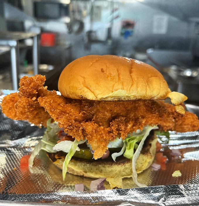 This chicken sandwich isn't messing around. Crispy coating extending well beyond its bun borders&mdash;it's the Florida equivalent of a winter coat in July. 