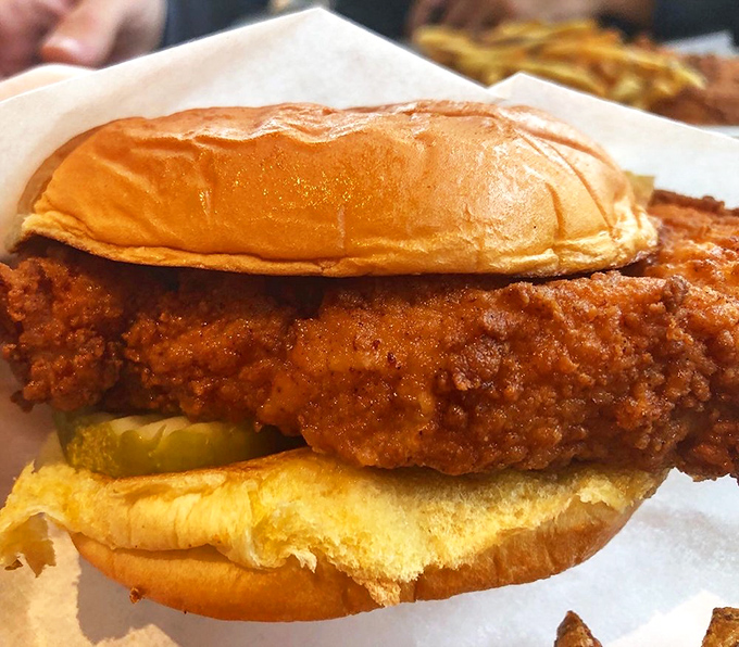 Behold the humble chicken sandwich, elevated to art form. That golden-brown crust and pillowy bun are what fast food dreams to be when it grows up.