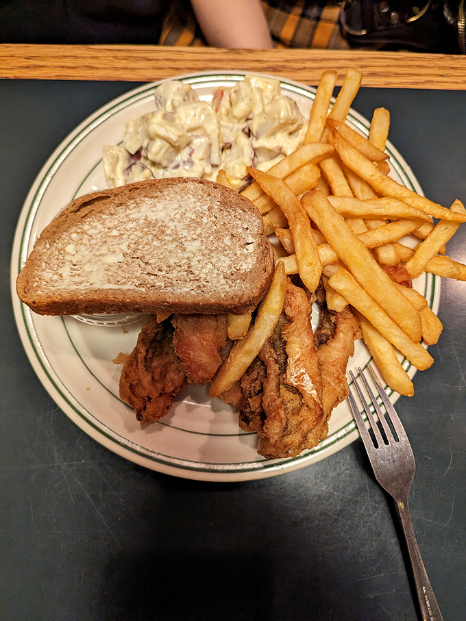 Comfort on a plate! Golden fries, creamy pasta salad, and what appears to be a classic chicken sandwich&mdash;the holy trinity of diner perfection.