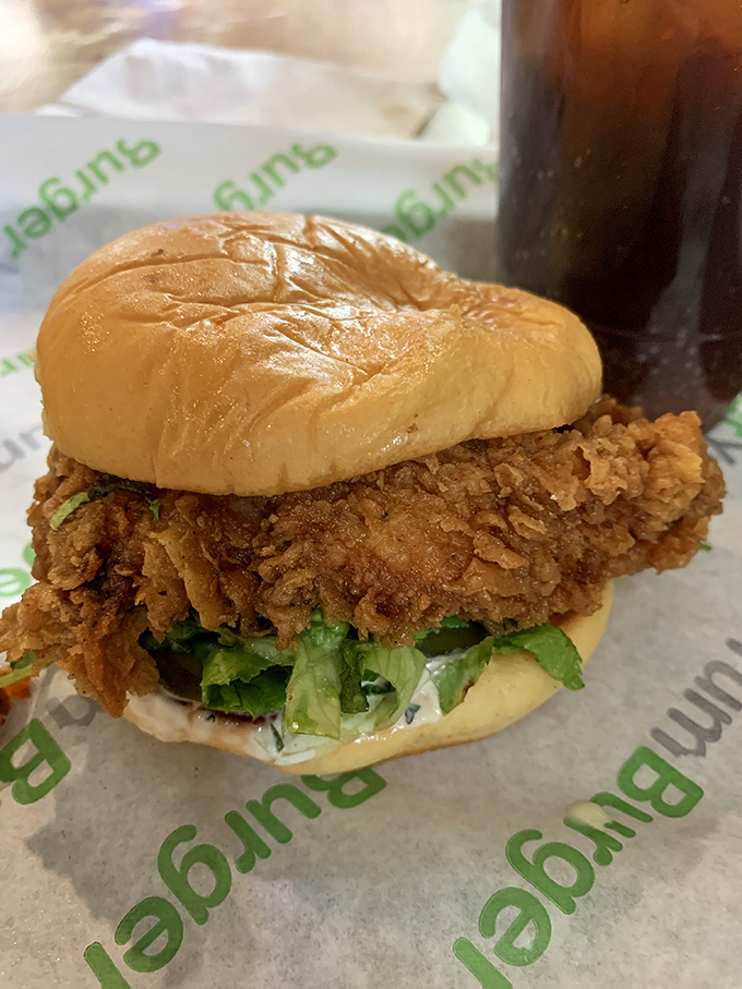 A chicken sandwich that doesn't need a social media team&mdash;just honest crunch, fresh lettuce, and a bun that knows its supporting role.