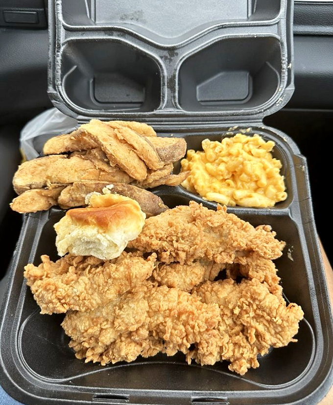 The to-go container that turns your car into a five-star dining establishment. Mac and cheese that glows like edible sunshine.