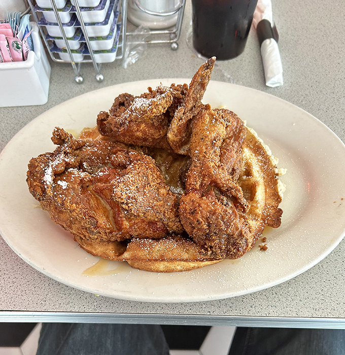 Chicken and waffles that bring together the perfect marriage of crispy and sweet&mdash;the Romeo and Juliet of comfort food, minus the tragic ending.