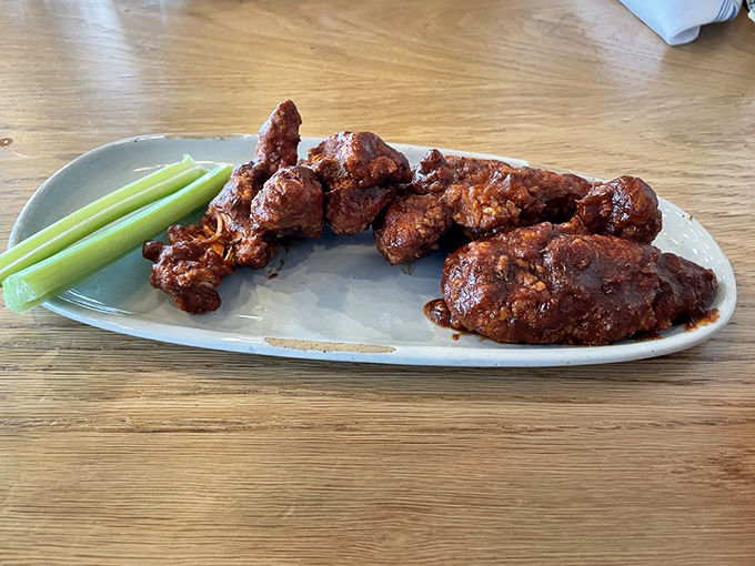 Wings that don't need a sporting event as an excuse. The celery sticks are just there to make you feel virtuous between bites. 