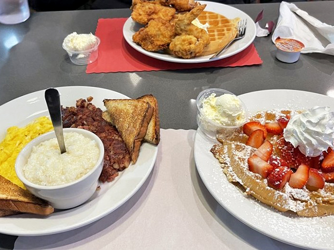 Breakfast and dinner had a beautiful baby—crispy fried chicken alongside golden waffles with all the fixings for morning or midnight cravings.