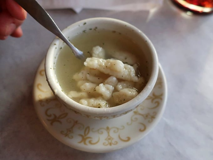 Chicken dumpling soup that could end family feuds. Those pillowy dumplings floating in clear broth are like comfort in a bowl with a German accent.