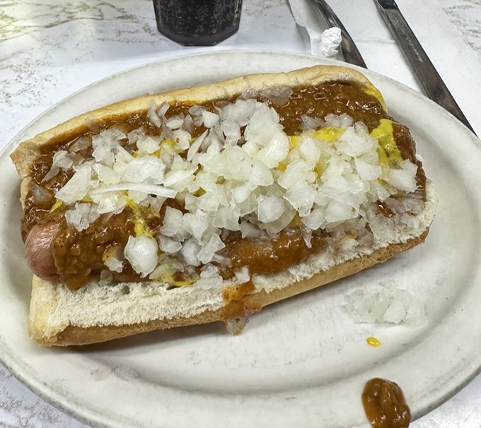 The Detroit classic in its natural habitat. That streak of yellow mustard cutting through the rich chili is like the final brushstroke on a masterpiece.