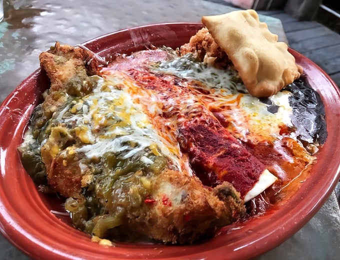 A chile relleno that's having an identity crisis as a work of art. Red and green sauces create a "Christmas-style" masterpiece that Santa Fe would approve.