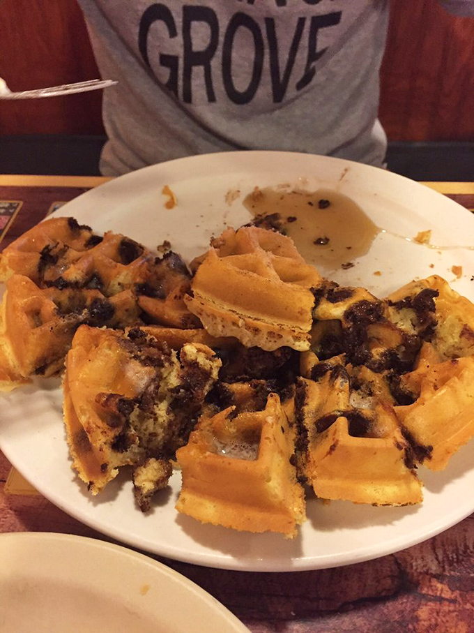 These chocolate chip waffles have clearly been demolished with enthusiasm. The best food always looks a little messy halfway through—it's too good to eat politely.