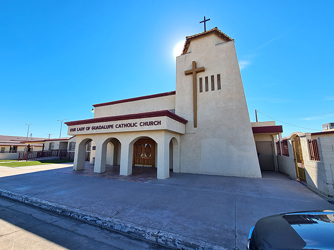 Our Lady of Guadalupe Catholic Church's simple yet elegant Spanish-influenced architecture stands as a spiritual anchor in the community.