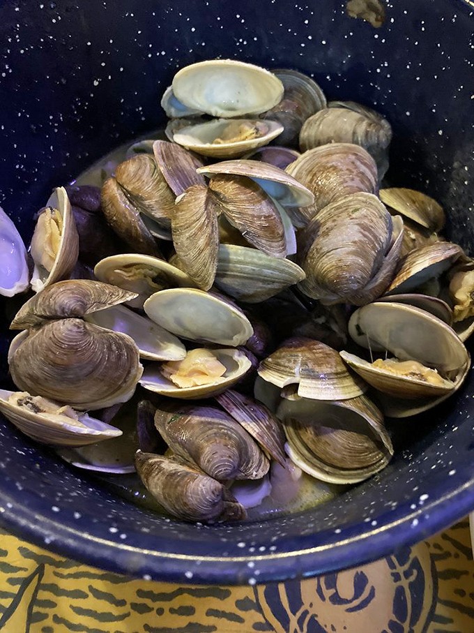 These steamed clams aren't just dinner—they're a briny celebration of the Gulf, served in their own little blue ceramic hot tub.