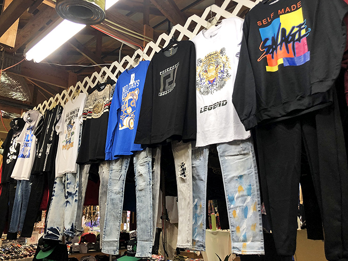The denim and graphic tee collection&mdash;where fashion statements hang in suspended animation, waiting for the right person to give them voice again.