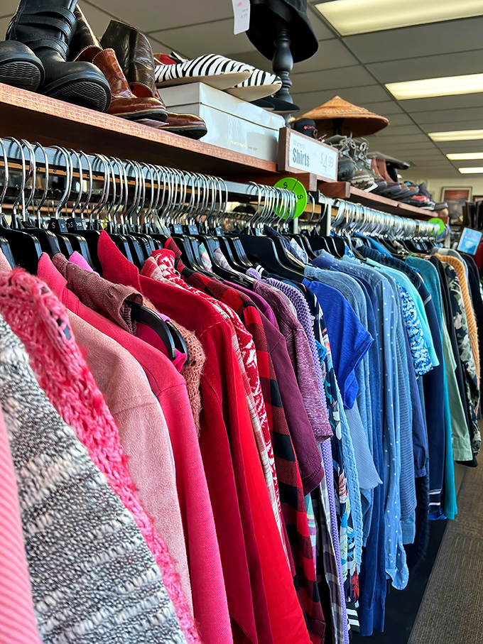 The clothing racks&mdash;organized by color like a wearable rainbow&mdash;offer everything from everyday basics to "where did you get THAT?" statement pieces. 