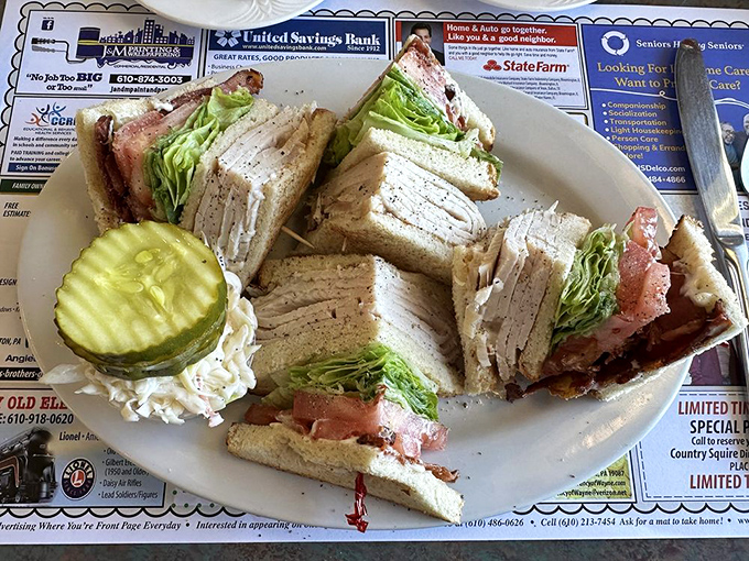 The club sandwich: America's three-story answer to lunch indecision. Turkey, bacon, and veggies between perfectly toasted bread&mdash;democracy in sandwich form.