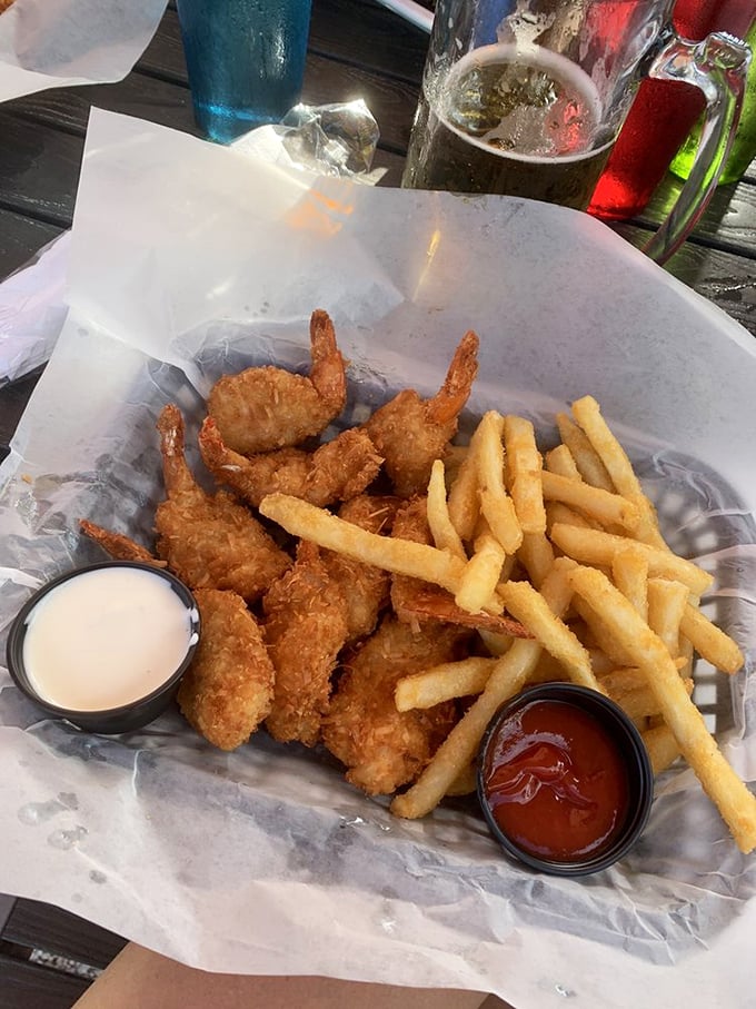 Golden coconut shrimp that crunch like autumn leaves but taste infinitely better than yard work.