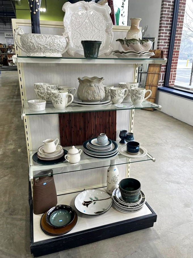 Dinnerware so elegantly arranged it makes you wonder if Martha Stewart moonlights as a thrift store merchandiser in Arlington Heights on weekends.