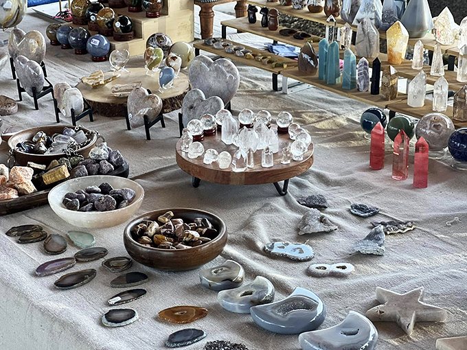 Crystal and stone displays transform ordinary tables into geological museums. Who needs diamonds when you've got this much natural beauty?