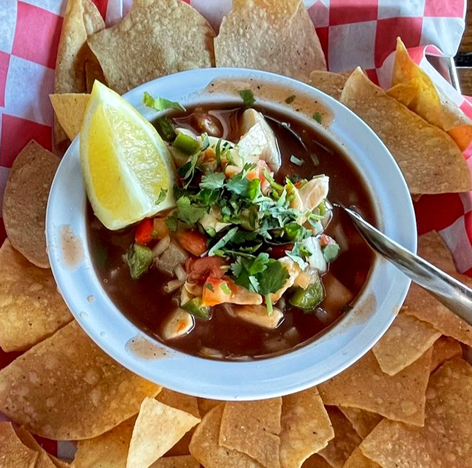 Fresh conch ceviche swimming in citrus and herbs &ndash; it's like the ocean decided to throw its own party.