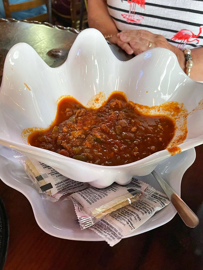 Conch chowder that's worth crossing state lines for. This tomato-based treasure hunt rewards you with tender bites of queen conch in every spoonful.