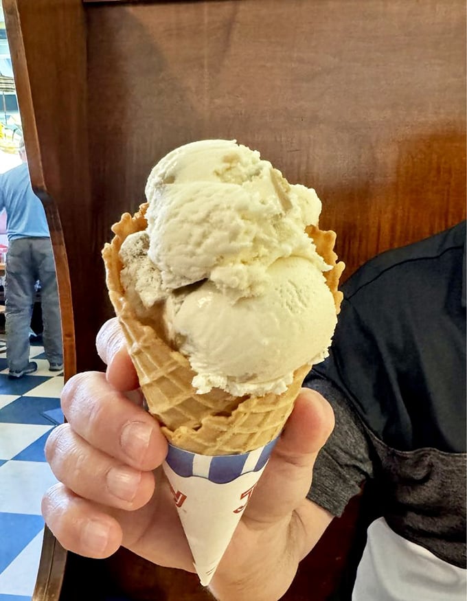 Two perfect scoops nestled in a freshly made waffle cone &ndash; proof that sometimes the simplest pleasures deliver the most profound happiness.