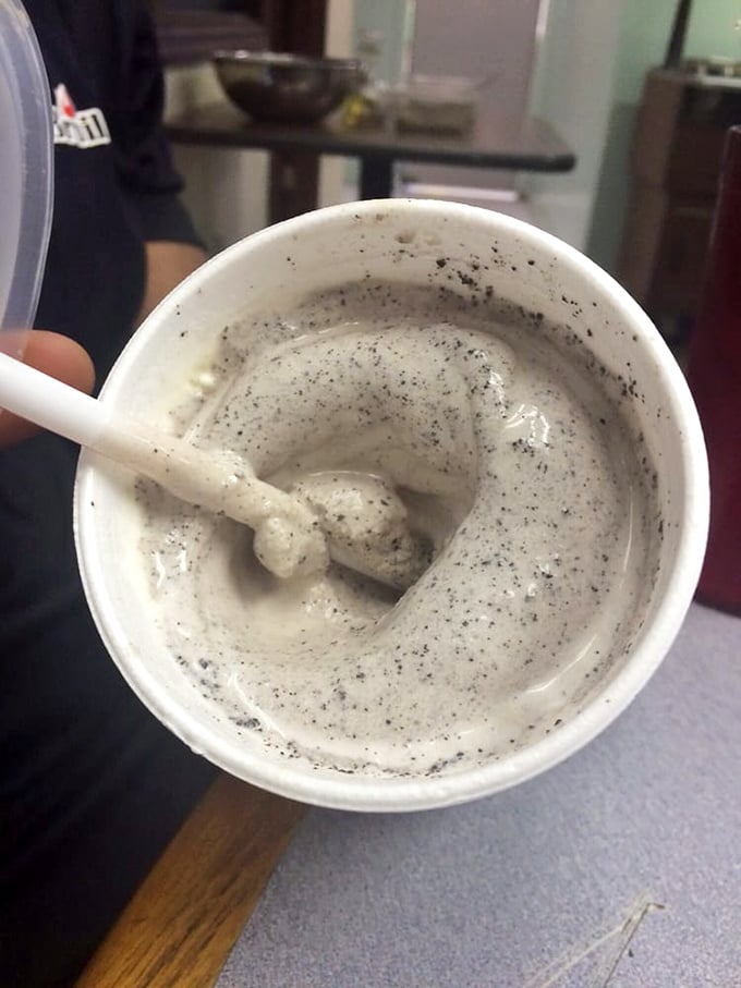 A cookies and cream milkshake that's thick enough to require excavation tools. Spoons first, straws for the finale.