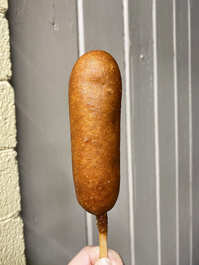 The corn dog&mdash;America's contribution to food-on-a-stick culture&mdash;elevated to an art form with that perfect golden-brown crust.