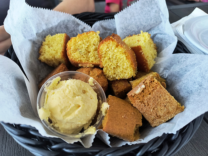 Cornbread that strikes the perfect balance between sweet and savory, with butter melting into each warm, crumbly square.