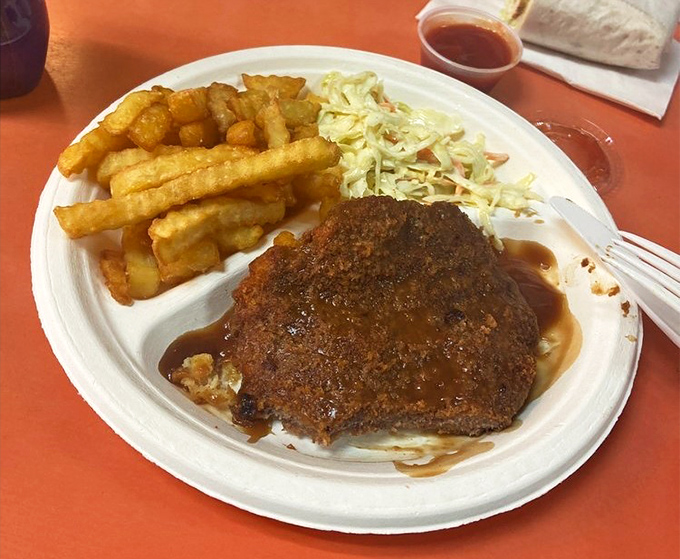 Country fried steak with gravy that could make a vegetarian question their life choices, served with fries that deserve their own fan club.