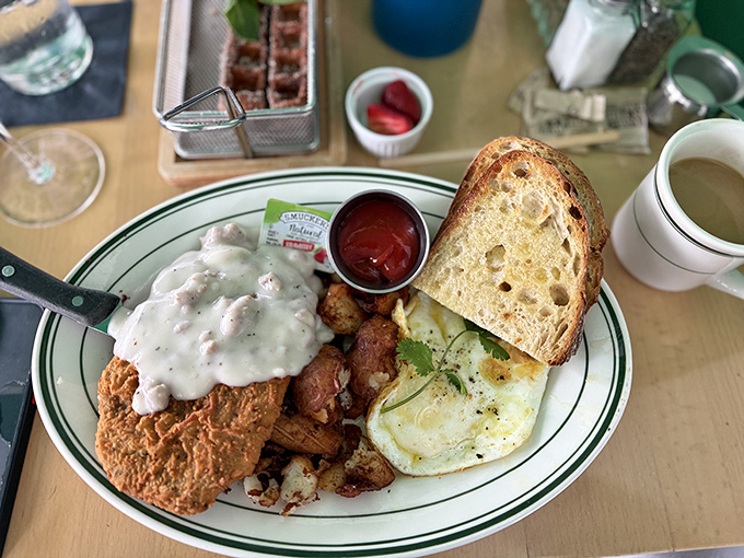 Country fried steak smothered in gravy that your Southern grandmother would approve of. Comfort food that hugs you from the inside.