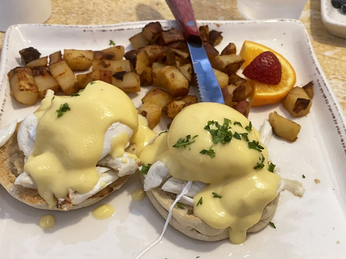 Eggs Benedict elevated with jumbo lump crab&mdash;because when you're at the beach, seafood belongs at every meal, even breakfast.