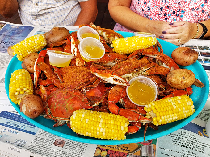 Blue crab feast fit for coastal royalty. Those corn cobs and potatoes aren't sides&mdash;they're essential supporting actors in this seafood drama.