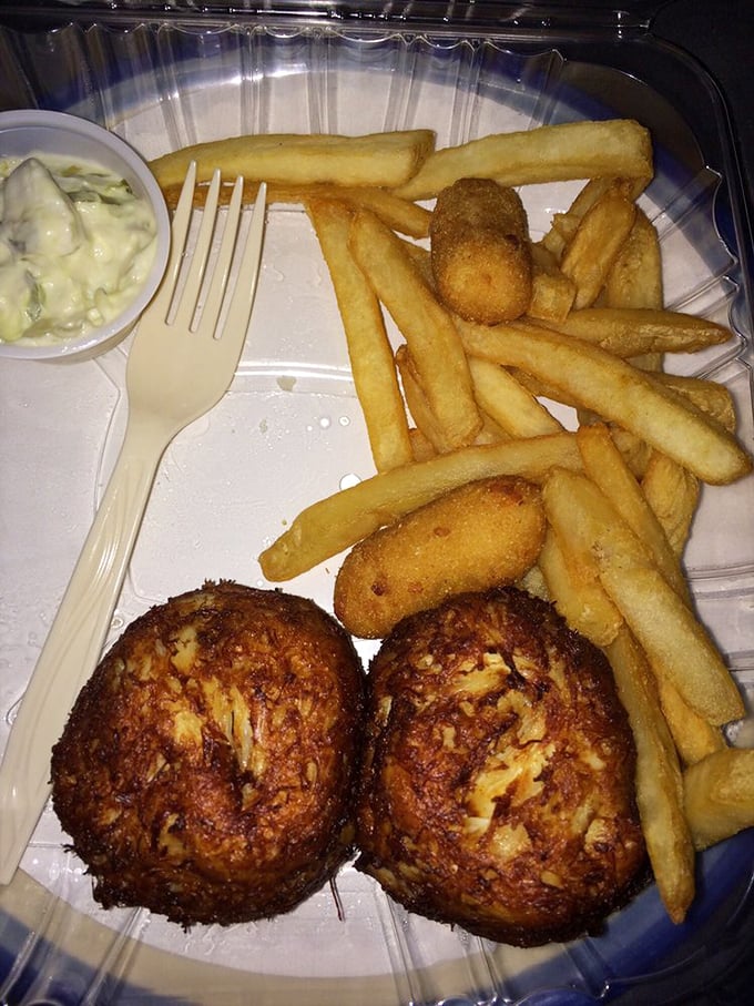 Crab cakes that are all meat, no filler&mdash;the way God intended. Served with fries and coleslaw, they're the reason people drive for hours without complaint.
