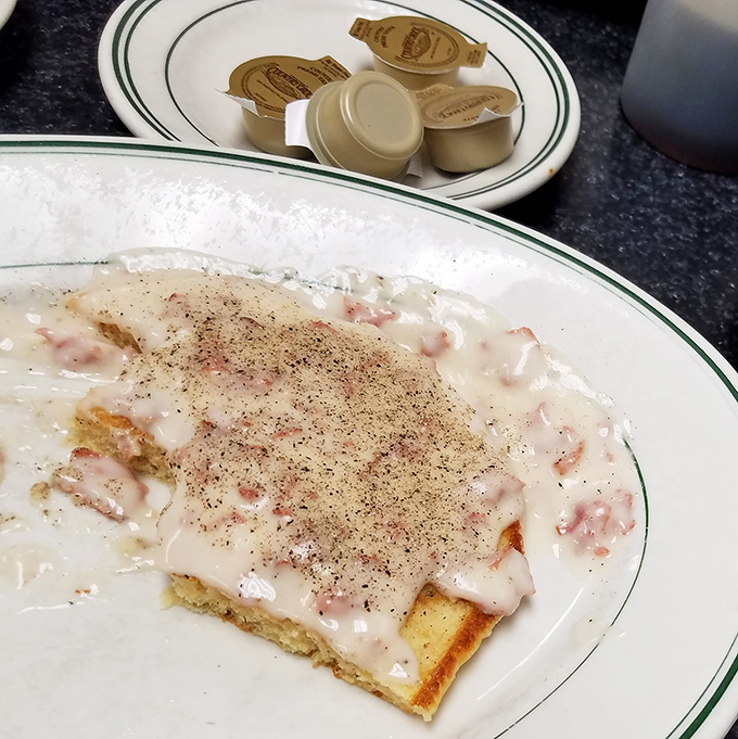 S.O.S. that would make any military veteran nostalgic&mdash;creamed chipped beef that's been honorably discharged onto toast with a pepper medal of honor.