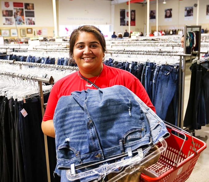 The joy of thrift store victory! Nothing beats the satisfaction of arms full of denim finds and that "I just scored big time" smile.