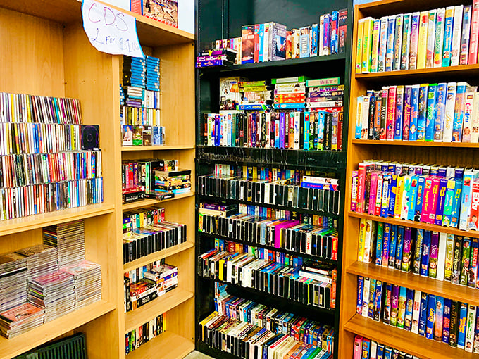 Remember when we owned physical media? This nostalgic wall of entertainment history offers cinematic treasures for pocket change.