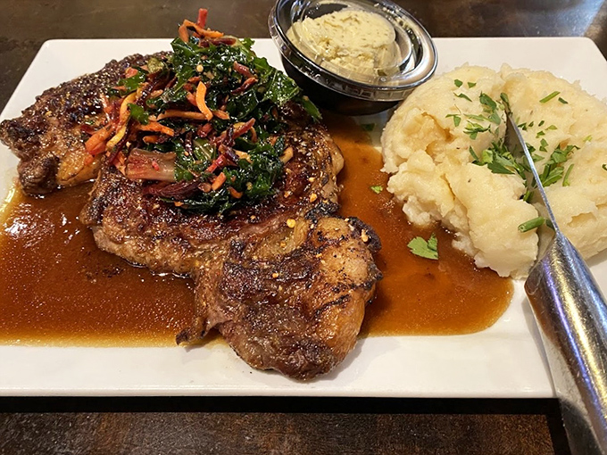 This Delmonico steak isn't just dinner&mdash;it's a religious experience with a side of mashed potatoes and perfectly saut&eacute;ed greens.