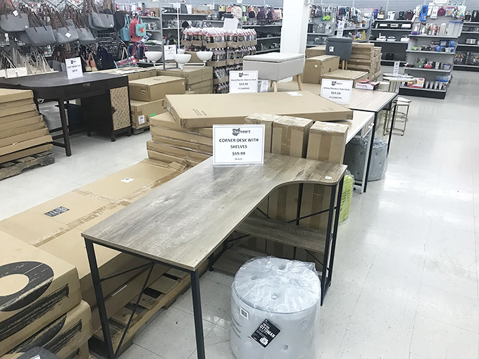 Modern meets vintage in the furniture section. That gray desk is just waiting to witness your next great American novel or tax return.