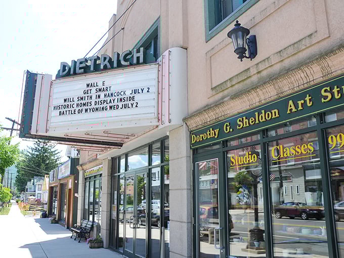 The Dietrich Theater's marquee promises entertainment beyond streaming services, a cultural cornerstone where film festivals bring world cinema to small-town Pennsylvania.