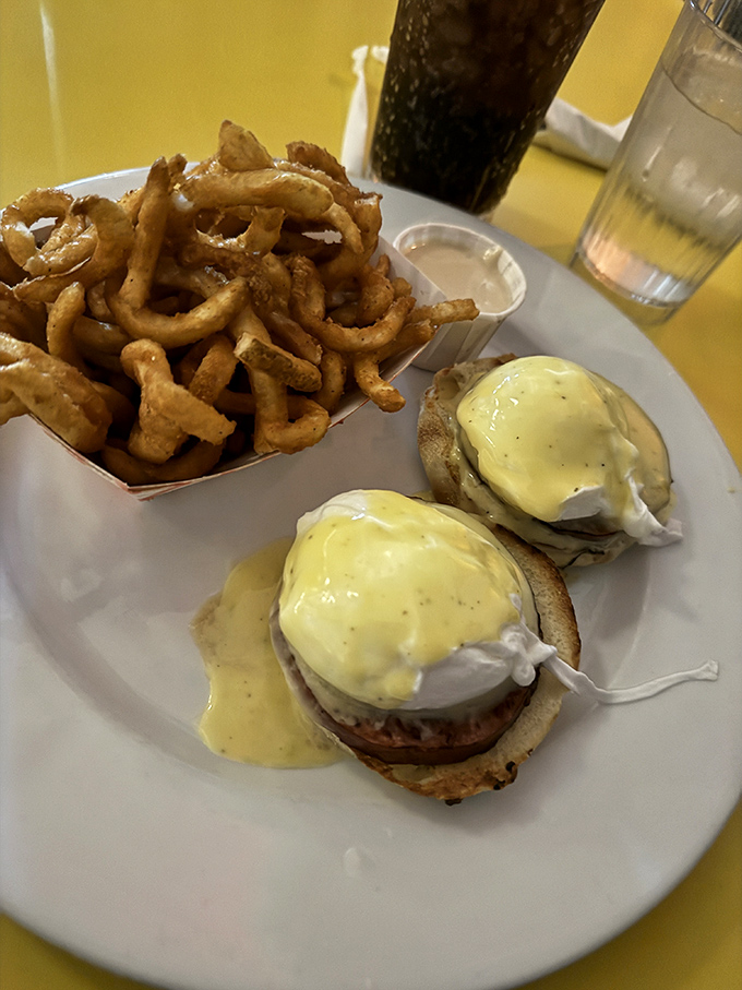 Eggs Benedict gets the star treatment here, proving poached perfection knows no time constraints.