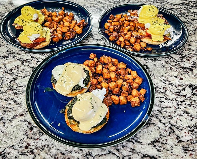 Eggs Benedict that would make your grandmother jealous. Those home fries look like they've earned advanced degrees in crispiness.