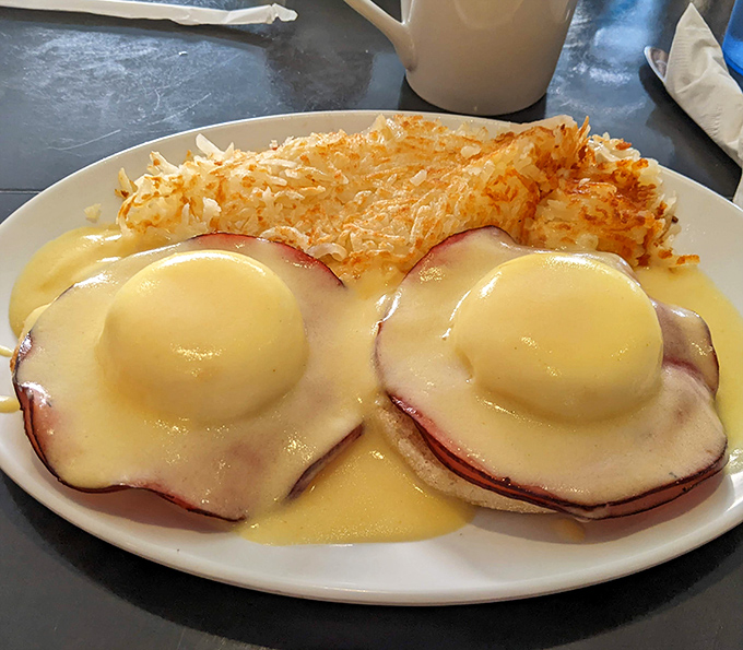 Eggs Benedict reimagined &ndash; perfectly poached eggs nestled on Canadian bacon, draped in hollandaise that cascades like a golden waterfall over crispy hash browns.