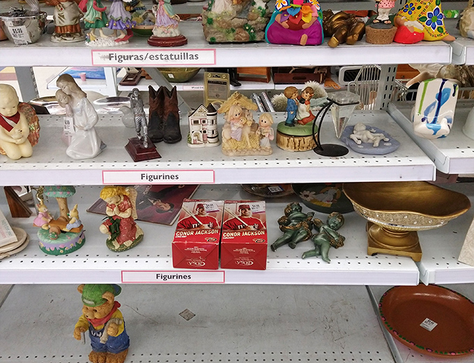 The figurine section: where ceramic angels, cowboy boots, and inexplicable knickknacks find their forever homes.