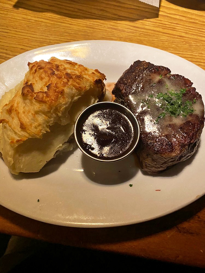 This filet mignon and loaded potato duo has been making first dates successful and anniversaries memorable since polyester was fashionable.